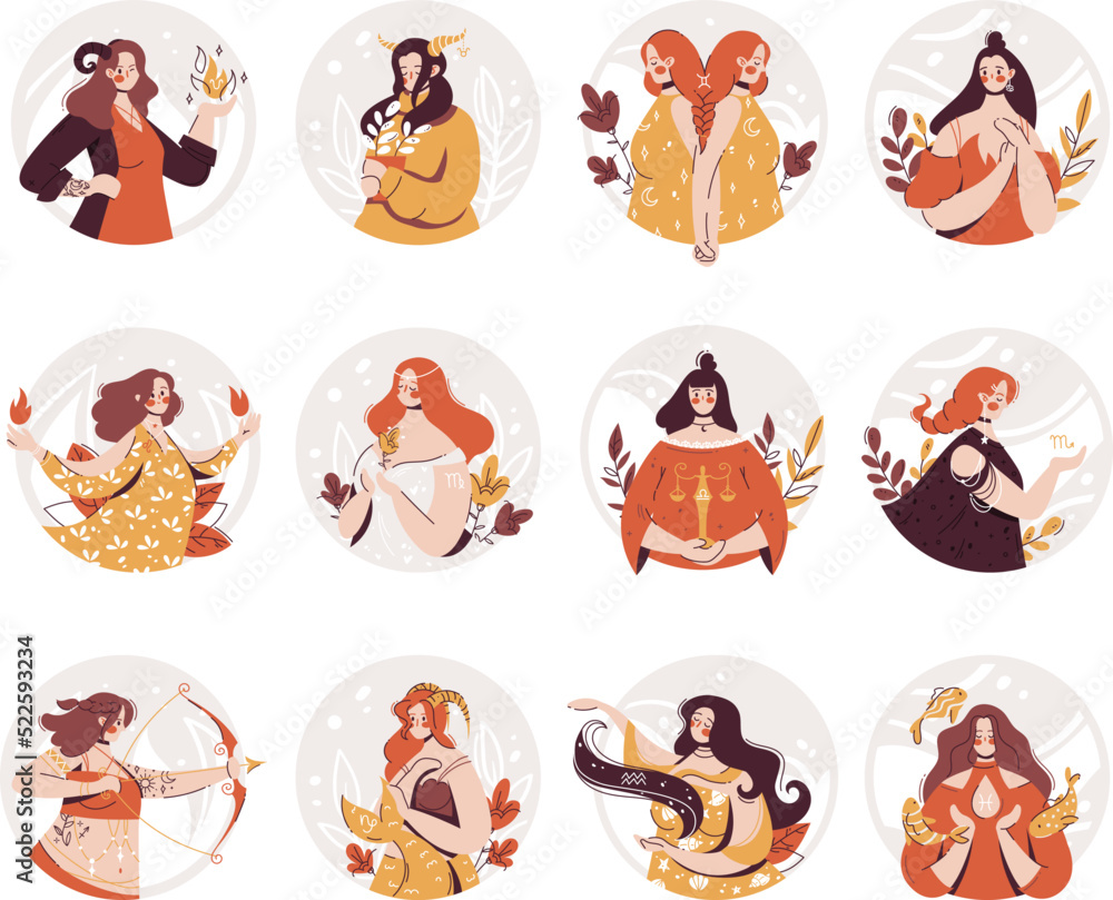 Girls zodiac signs. Set of female characters. Flat cartoon vector ...