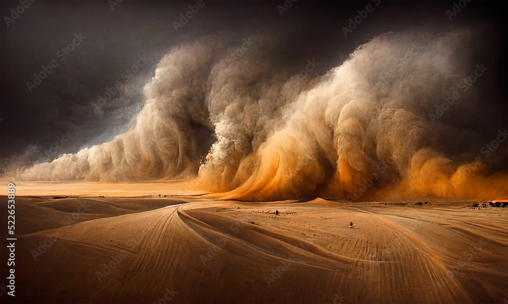 dramatic sand storm in desert, background, digital art Stock ...