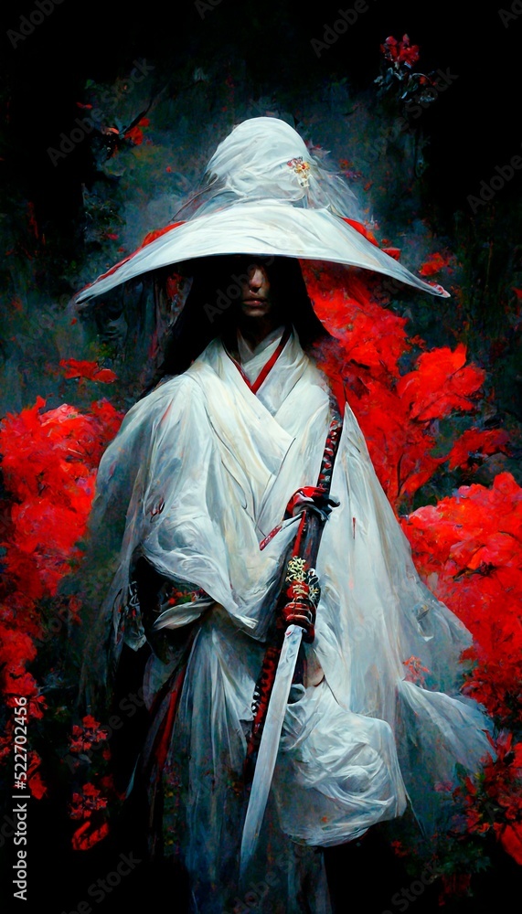 Drawing of a Japanese samurai in abstract style. Samurai in white and ...