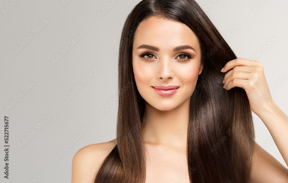 Beautiful model girl with shiny brown and straight long hair . Keratin ...