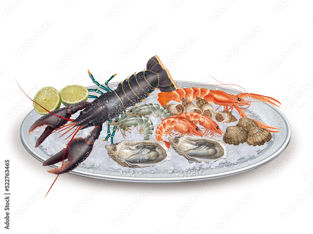 Ilustração homard, fruits de mer, crevette, langoustine, crustacé, des ...