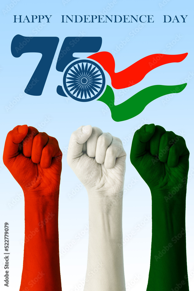 celebrating 75 years of Independence Day India.Tricolor hand. symbol of ...