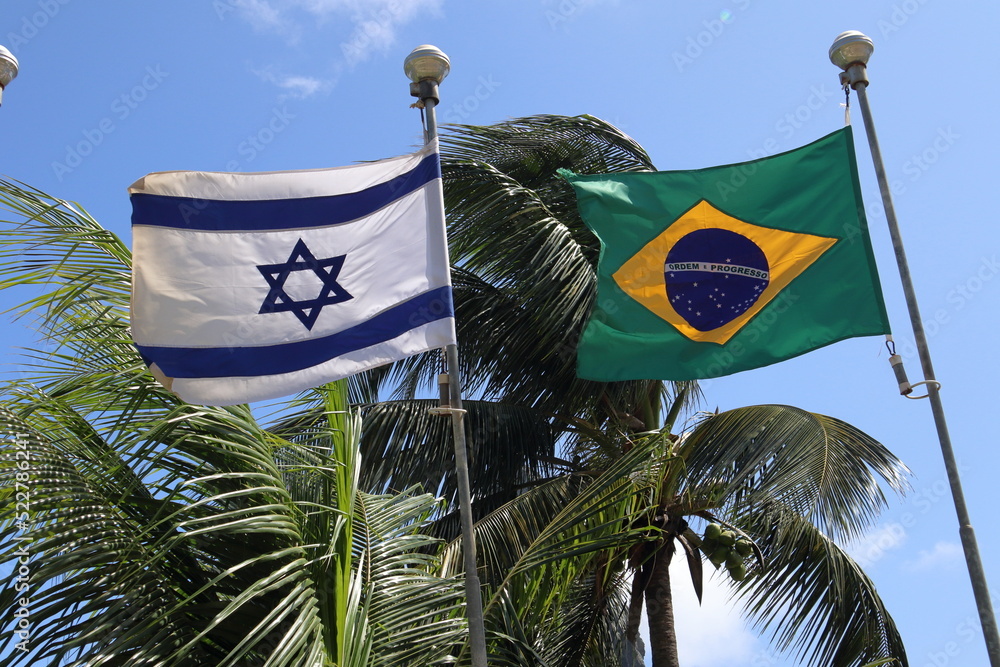 State flags of Israel and Brazil on a light day with palms background ...