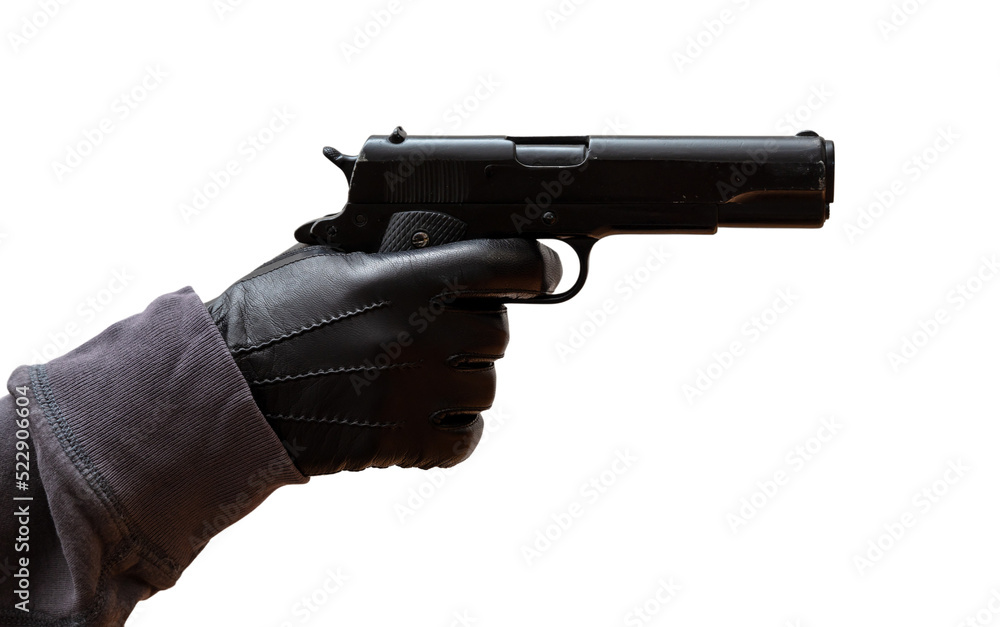 Gloved hand holding gun. Black leather glove and pistol side view ...
