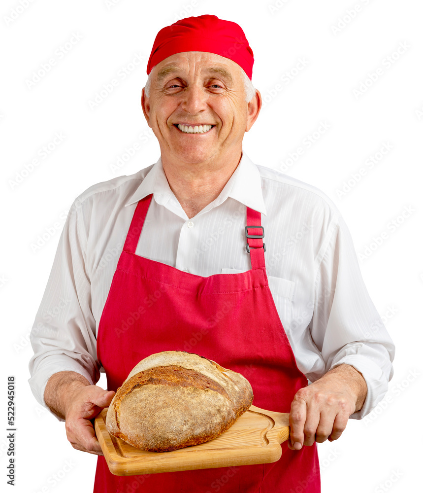Chef-cooker in chef's hat and apron working in bakery, holding French ...
