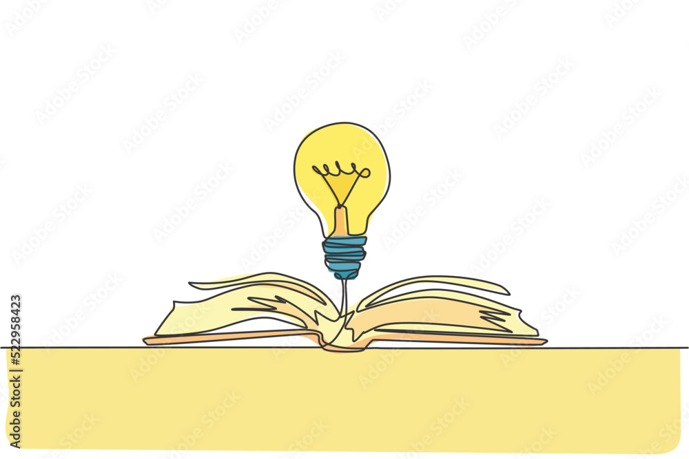 Vector de Stock One single line drawing of shining light bulb above open text book logo identity ...
