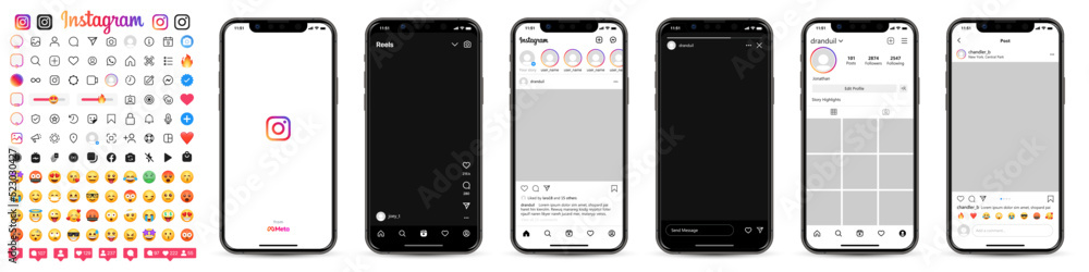 Instagram app interface in Iphone screen, icons, emoticons. Instagram ...