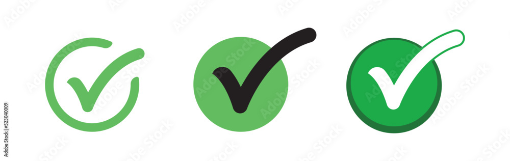 Check mark icons. Green checklist tick symbol. Approved and positive ...