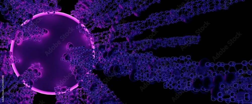 Neon sun with futuristic molecular rays background. Glowing purple ...