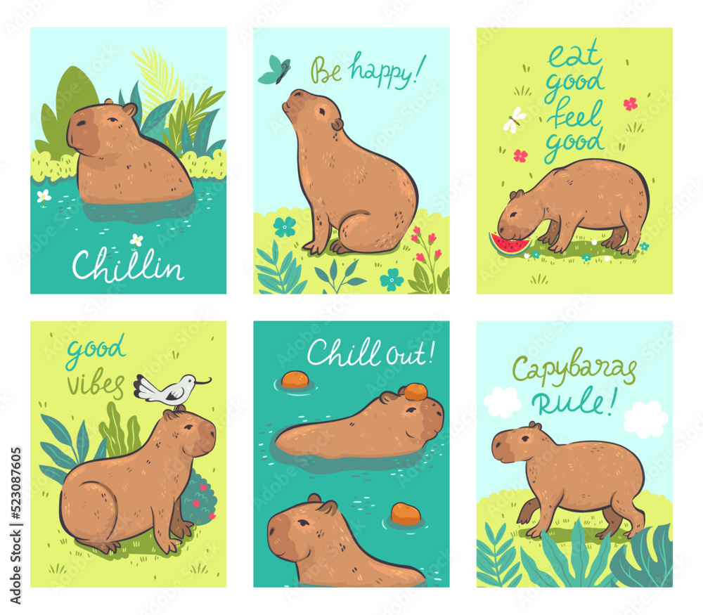 Set of postcards with cute capybaras. Vector graphics. Stock Vector ...