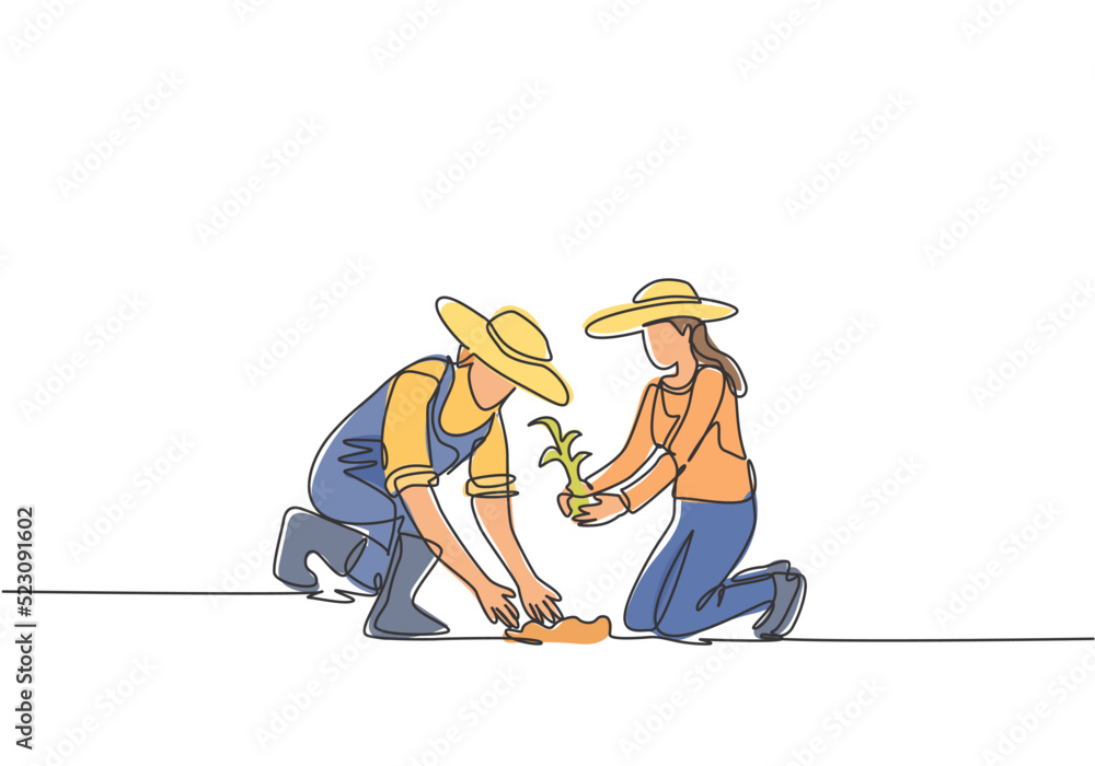 Single continuous line drawing couple farmer planting plant shoots in ...