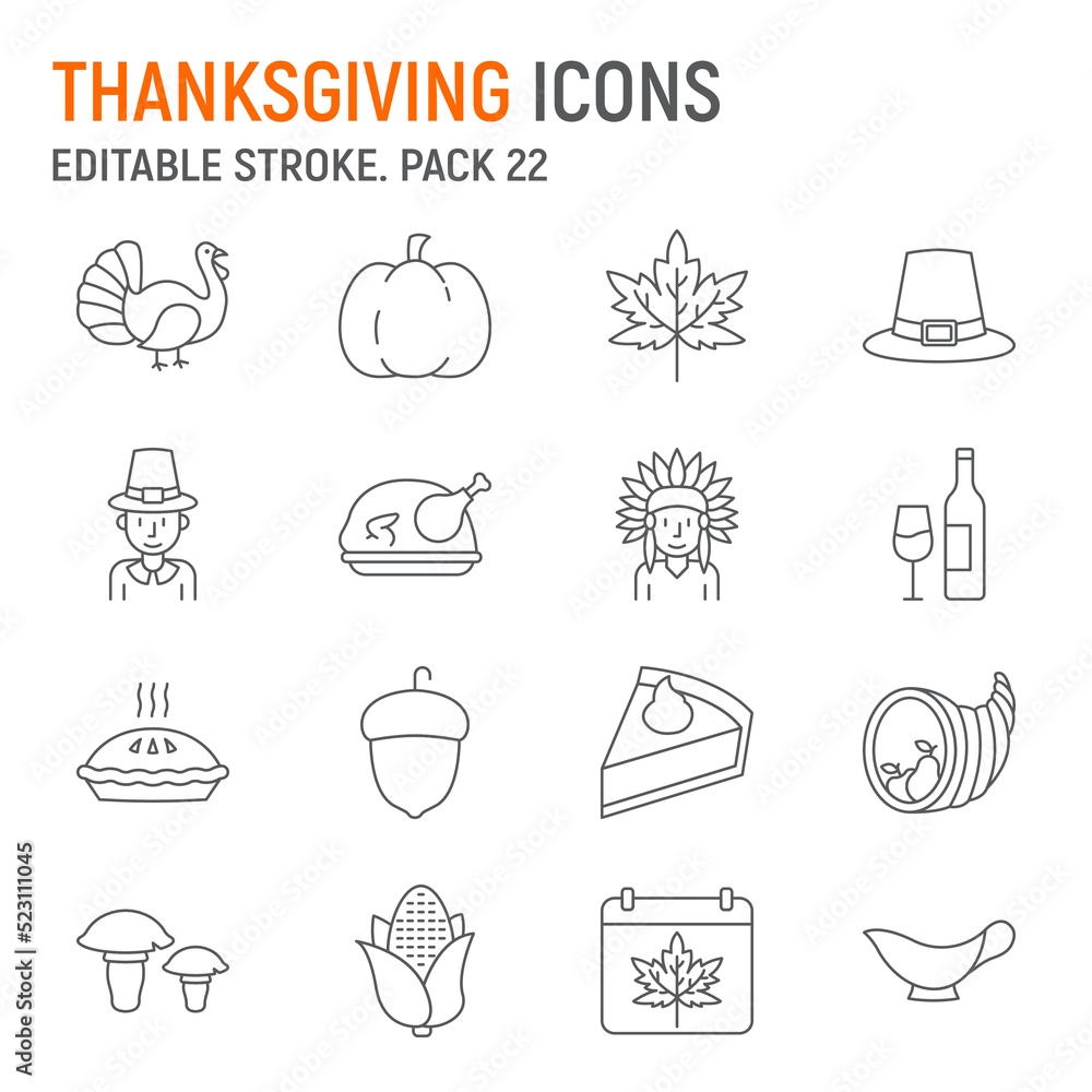 Stock-Vektorgrafik „Thanksgiving line icon set, autumn collection ...