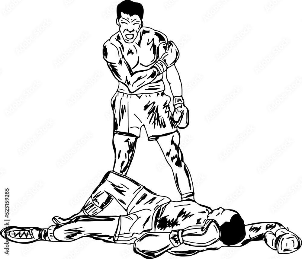 Boxer vector, Boxing match line art silhouette, Sketch drawing knockout ...