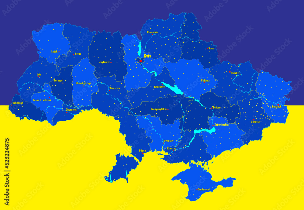 Detailed map of Ukraine with cities, rivers, regions. Vector ...