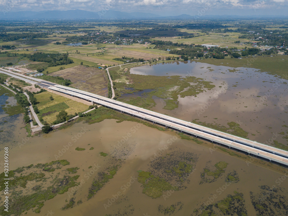 Aerial view of the large bridge build for crossing Nong Luang the ...