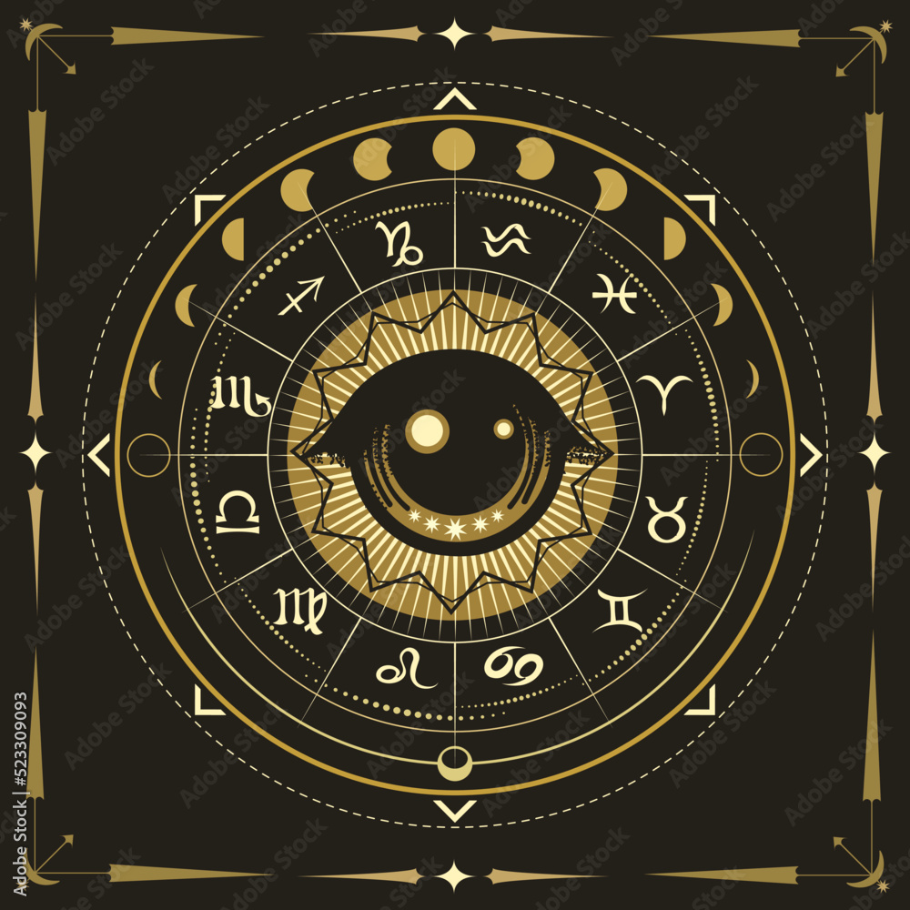 Medieval Symbol of All Seeing Eye with Phases of Moon and Zodiac Signs ...