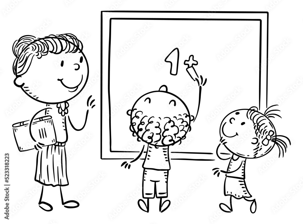 Math lesson, teacher and students writing on the blackboard. Line ...