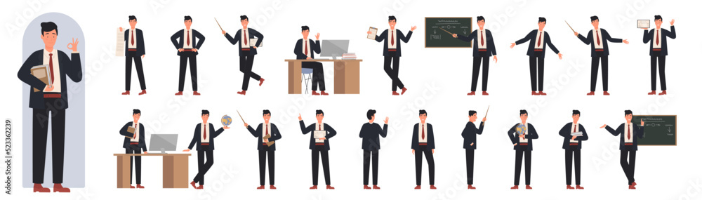 Young male teacher showing different poses and gestures set vector ...