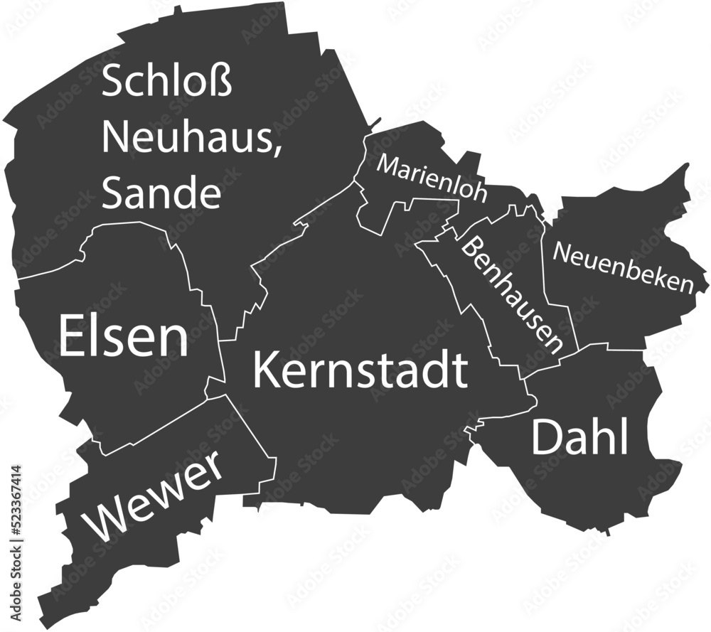 Dark gray flat vector administrative map of PADERBORN, GERMANY with ...