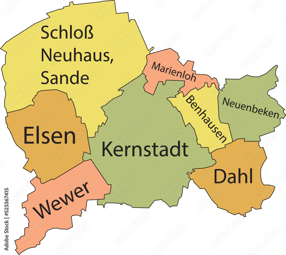 Pastel flat vector administrative map of PADERBORN, GERMANY with name ...