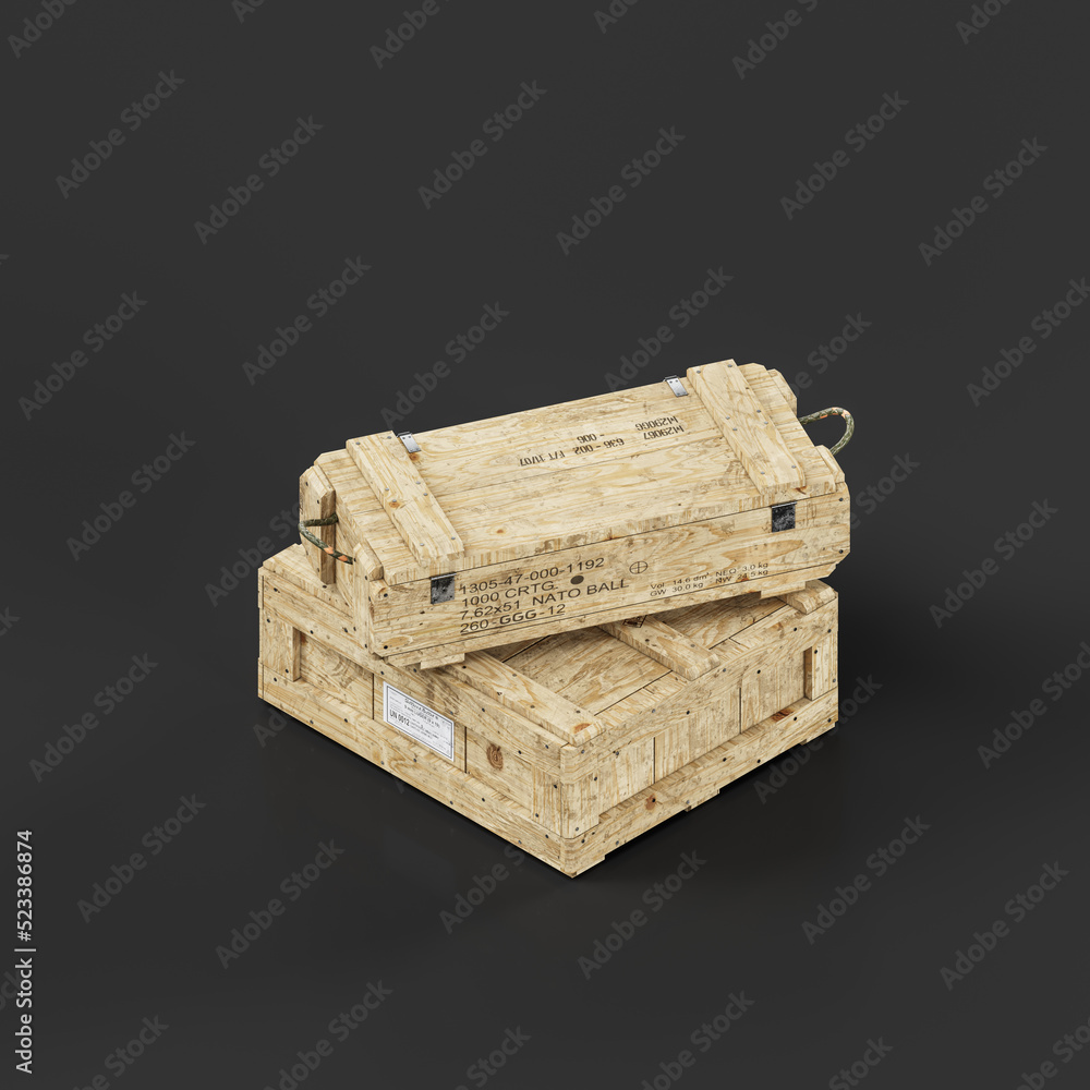 Isometric view Isolated military wooden crates for ammunition and ...