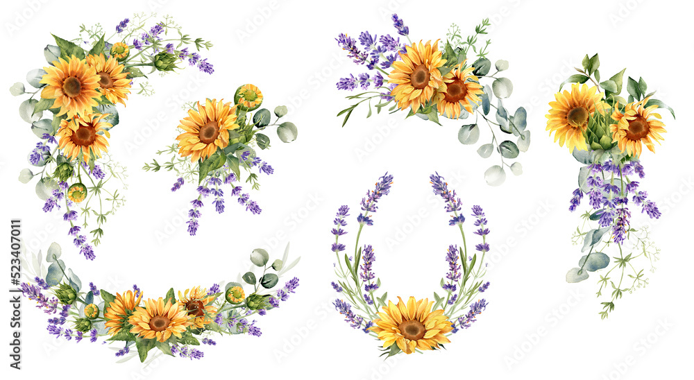 Sunflower and lavender flowers set. Watercolor illustration isolated on ...