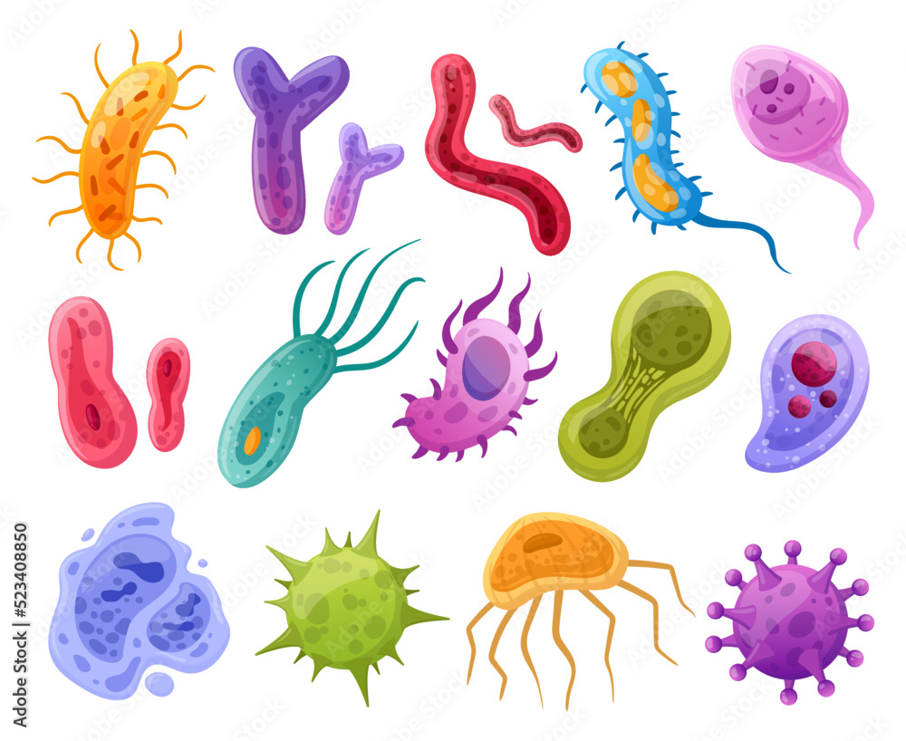 Cartoon viruses, bacteria and microbes, microorganism germs. Biological ...