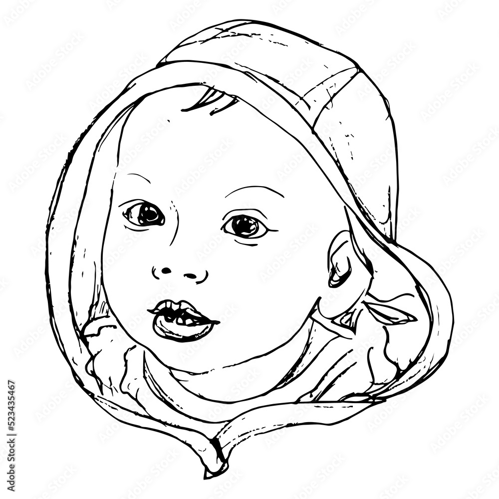Head of a little baby kid in a hood. Portrait of a child. Hand drawn ...