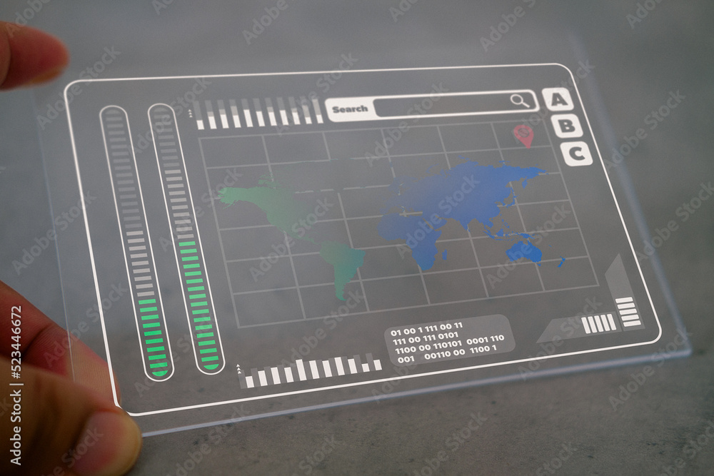 Men use holograms on tablets and analyze the dashboard map. New ...