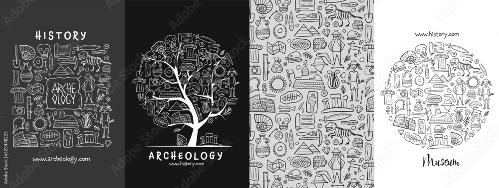 Archelogy, historic concept arts collection. Frame, background, tree ...
