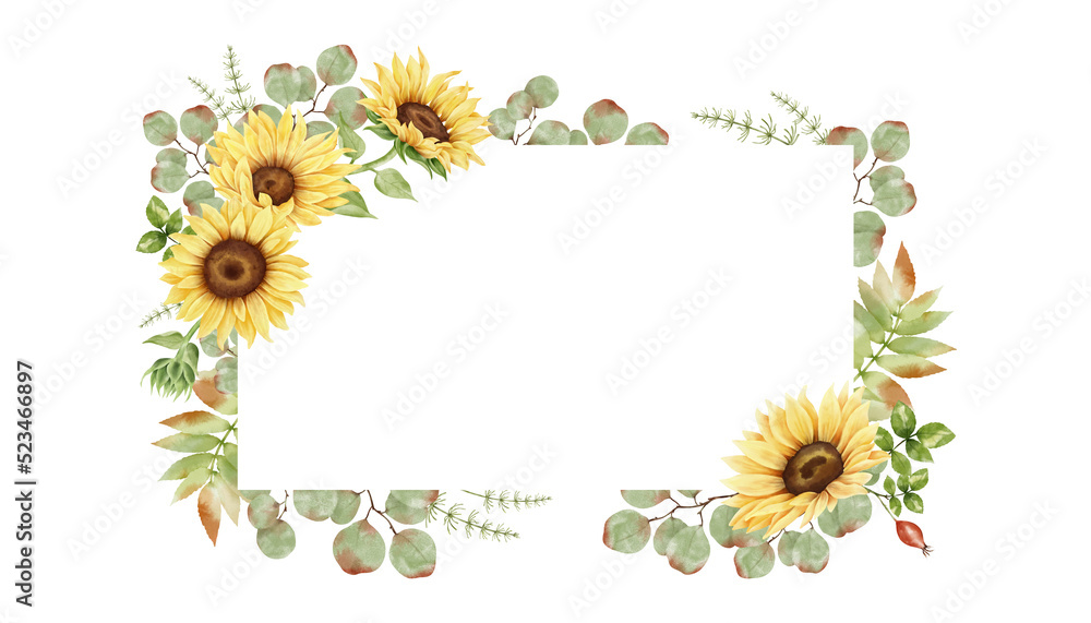 Watercolor sunflower rectangle frame. Yellow flowers, eucalyptus ...