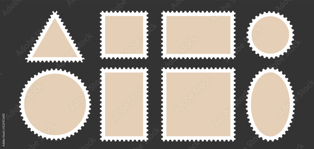 Postage stamp frames set. Empty border template for postcards and letters. Blank rectangle and ...