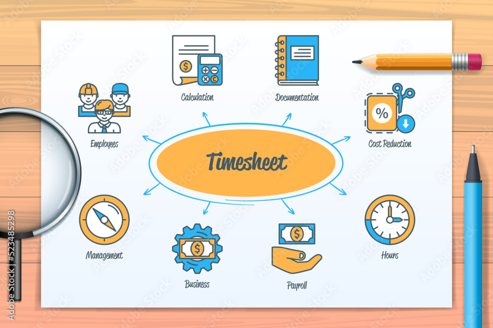 Timesheet chart with icons and keywords Stock Vector | Adobe Stock