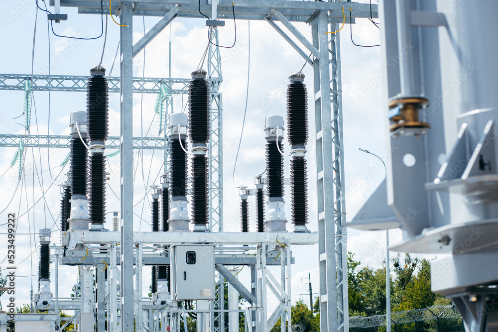 High voltage switchgear and equipment of power plant. View of electric ...