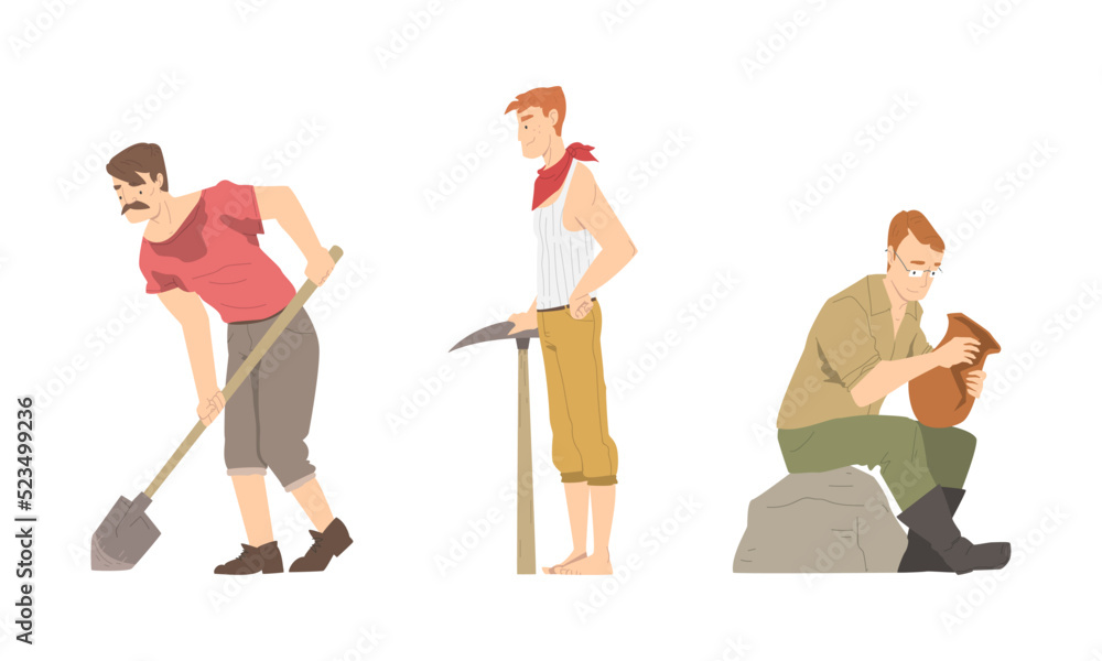 Male archaeologists excavating historical artifacts with working tools ...