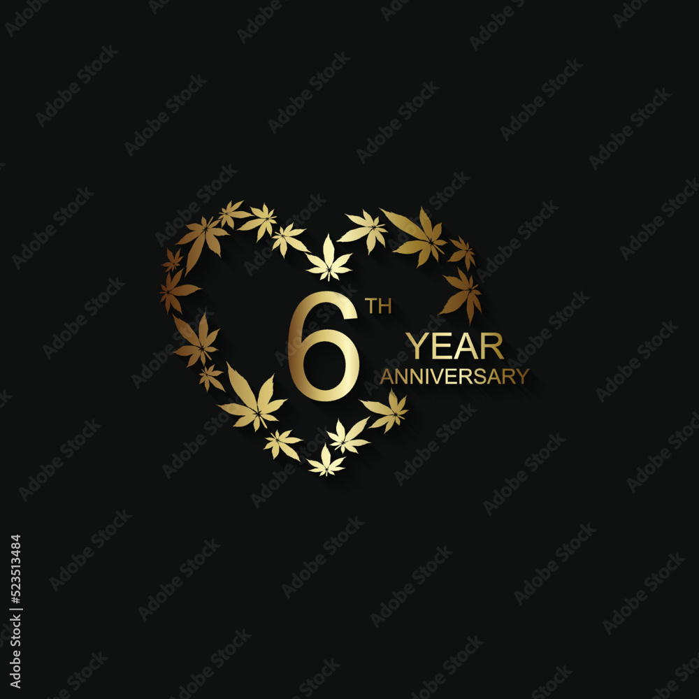 6th anniversary logo in gold color with marijuana leaves isolated on ...