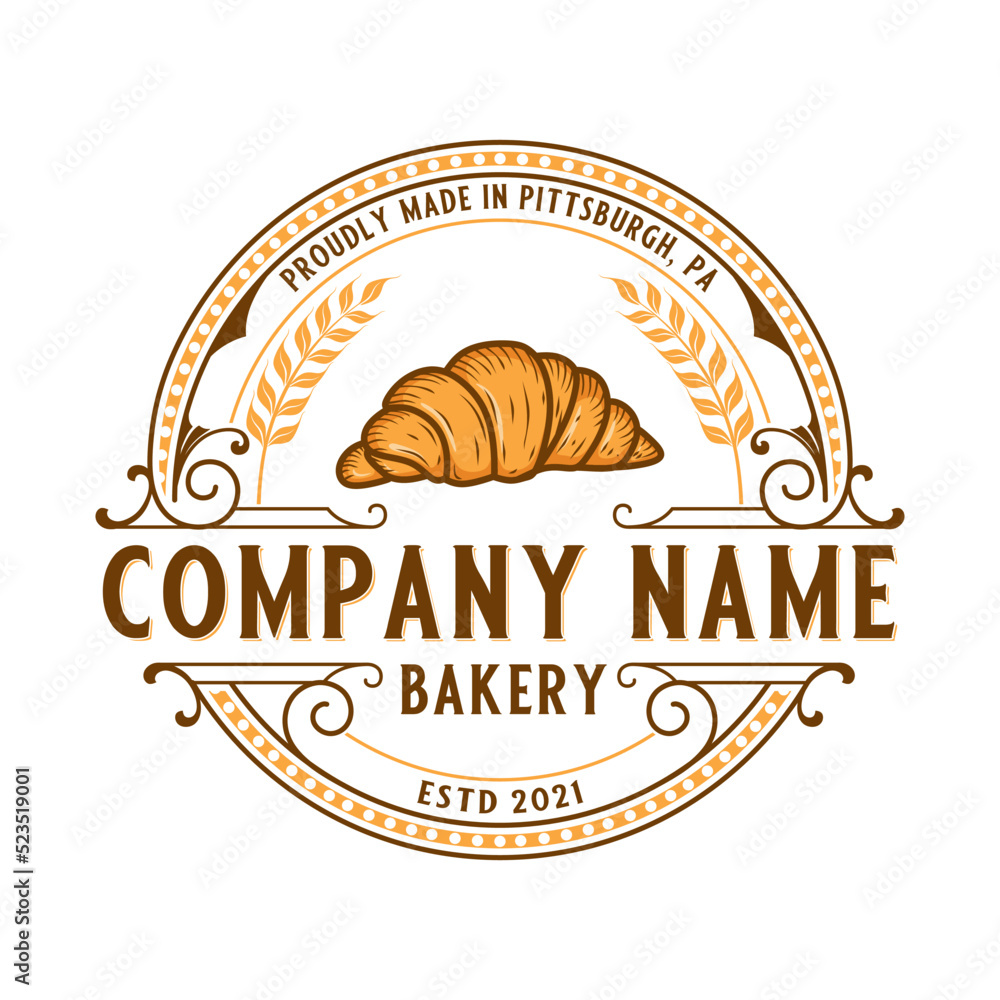 bakery logo design. with wheat and bread concept in vintage style. の ...