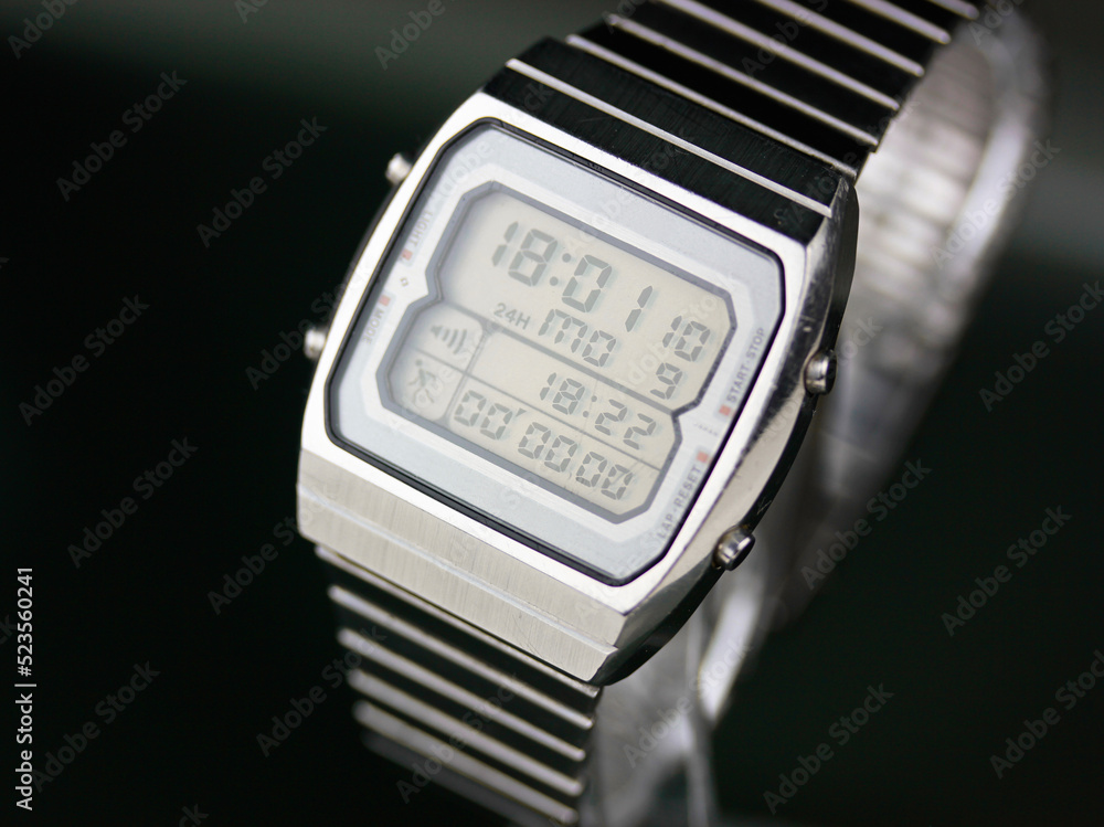 digital watch silver vintage retro wristwatch 70s 80s isolated alarm ...