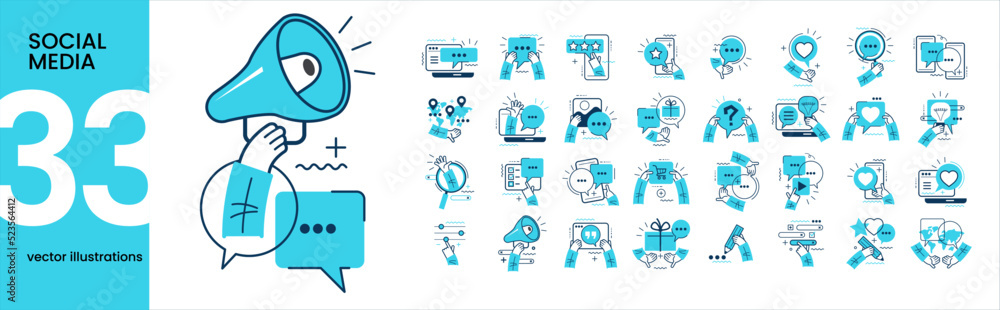 Concept illustration set. Collection of different social media scenes ...