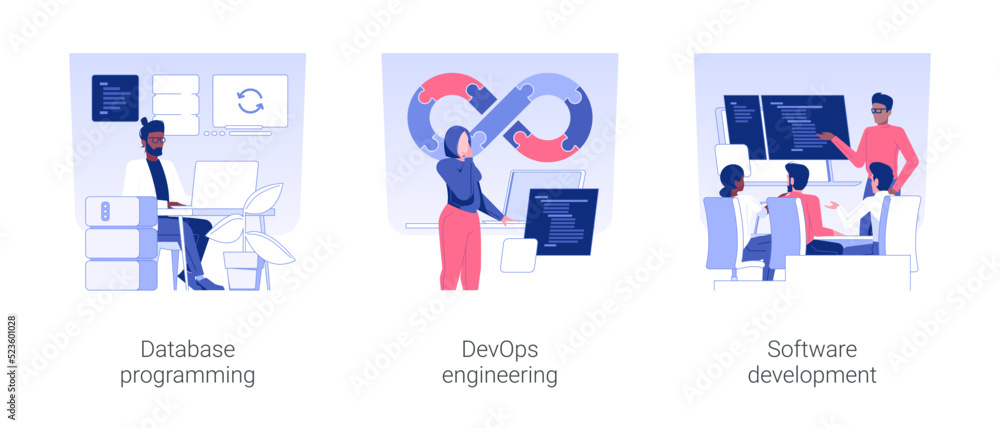 Back end development isolated concept vector illustration set. Database programming, DevOps team ...