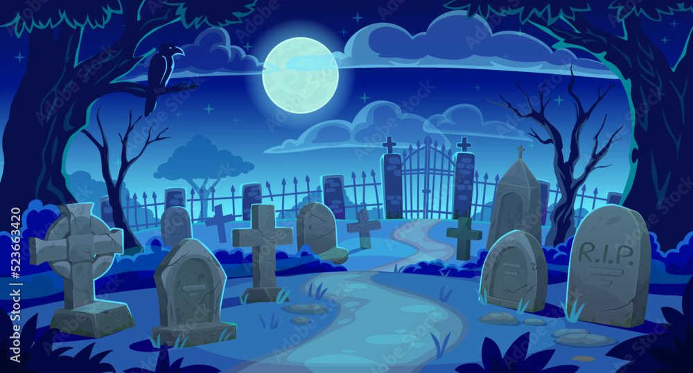 Cemetery landscape, graveyard tombstones background, vector Halloween ...
