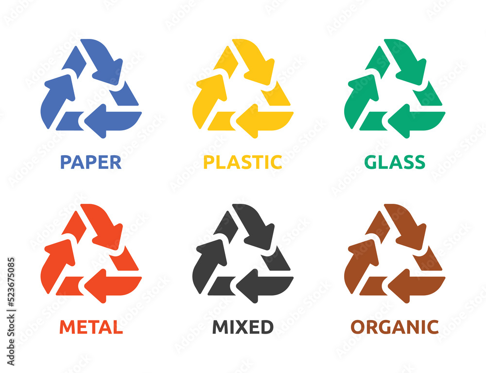 Waste sorting icon recycle sign vector set illustration. Collection of ...