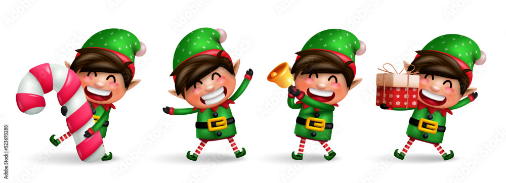 Elf christmas characters vector set. Elves 3d kids character with candy ...