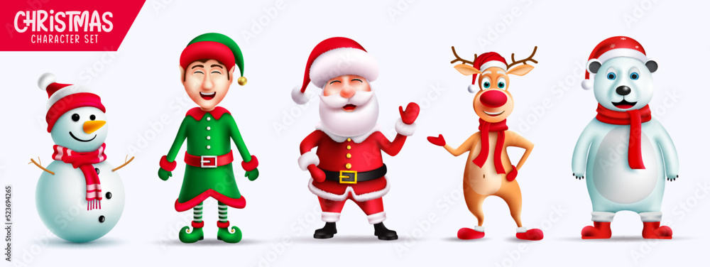 Christmas character vector set design. Santa claus, elf, reindeer ...