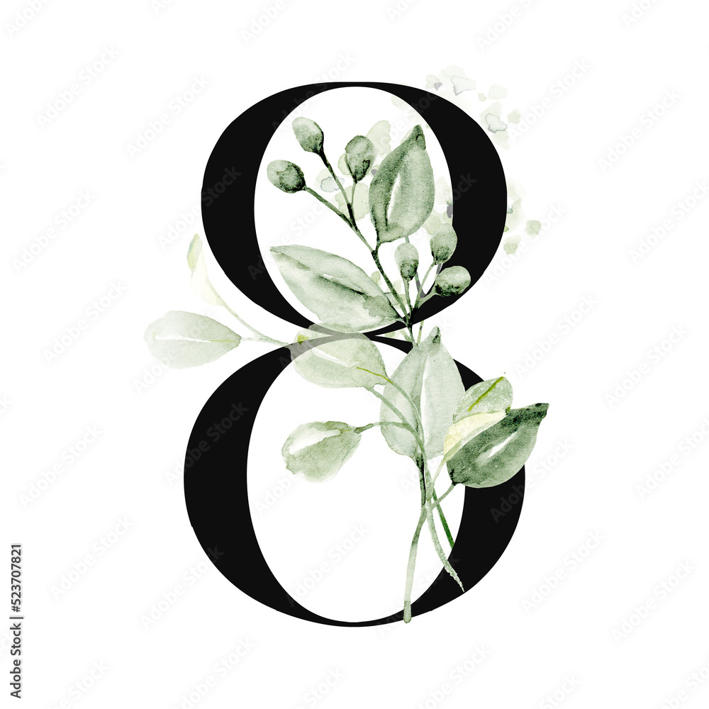 Number 8 with watercolor leaf. Perfectly for wedding invitations ...