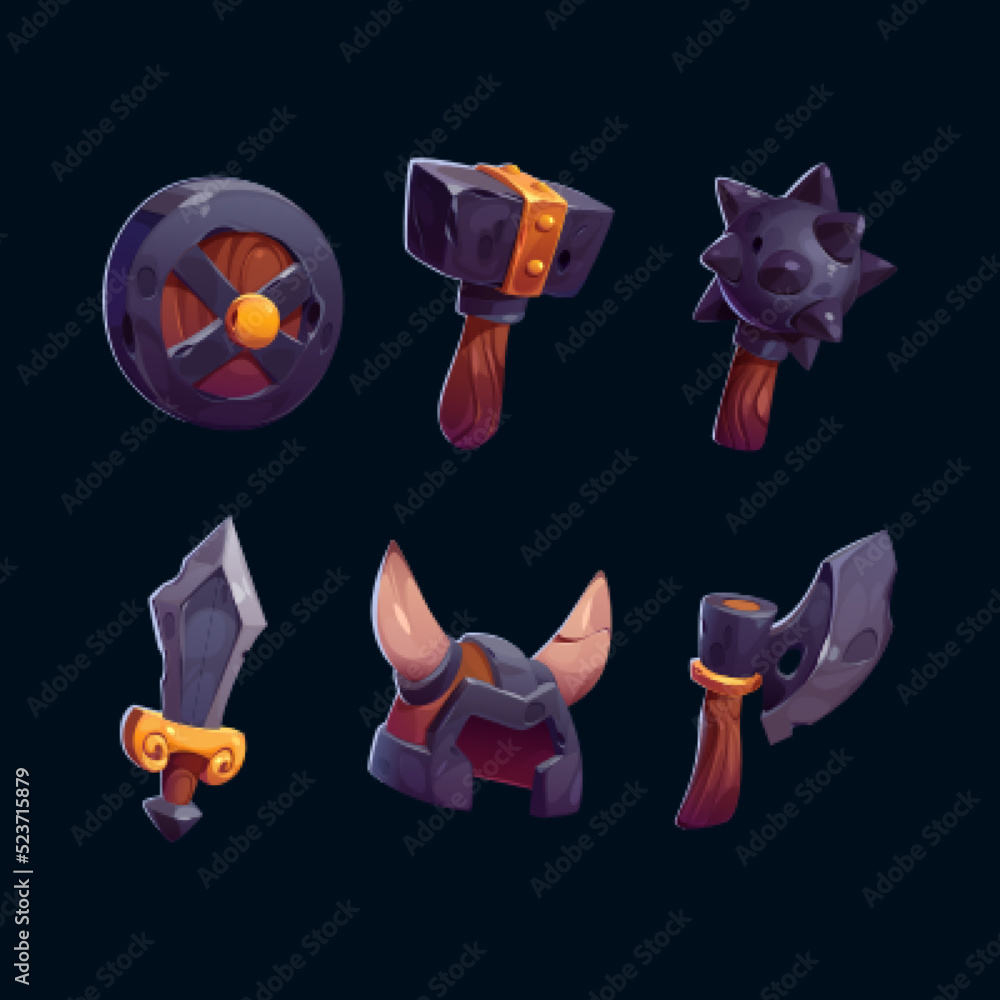 Viking game props icons, medieval battle axe, mace, horned helmet, sword and round shield ...