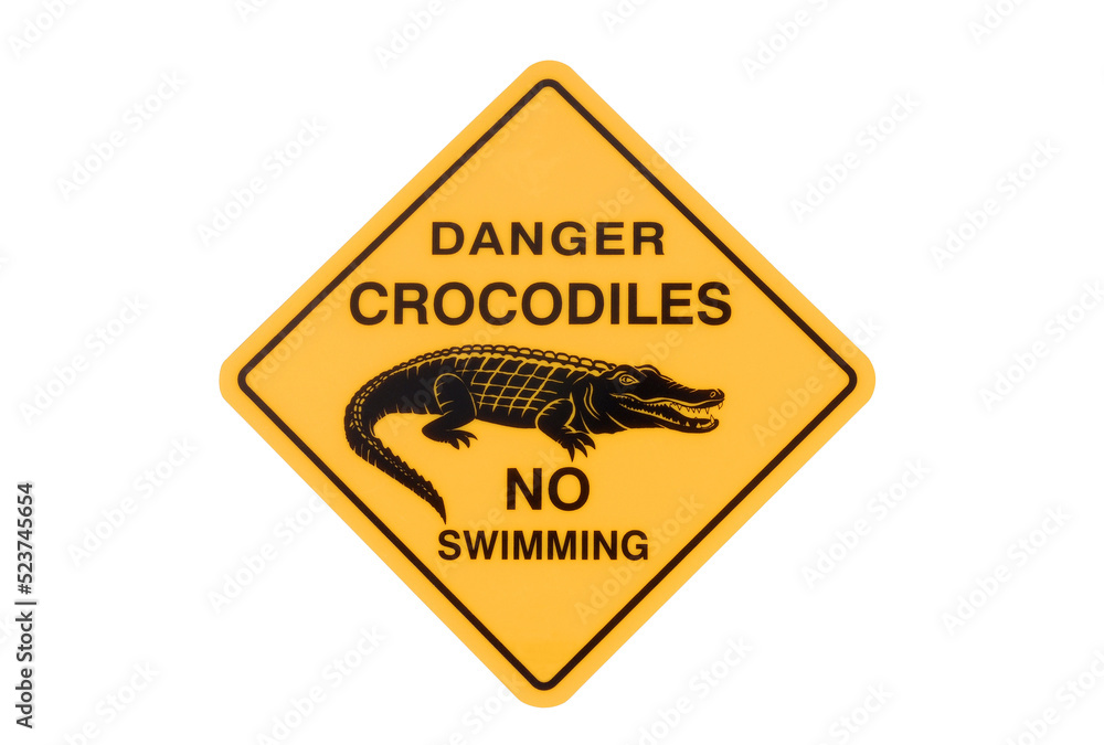 Crocodiles warning sign yellow triangle isolated transparent background ...