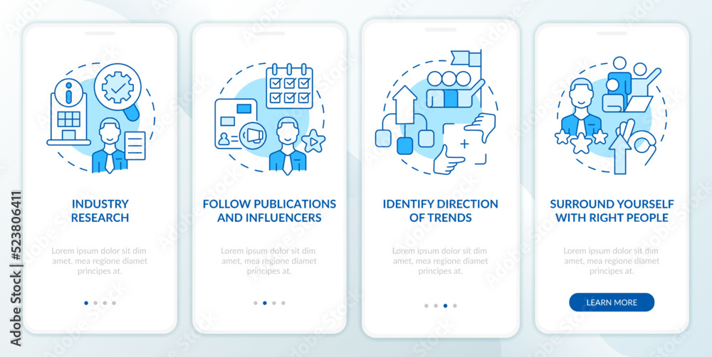 Vetor How to identify trends blue onboarding mobile app screen. Management walkthrough 4 steps ...