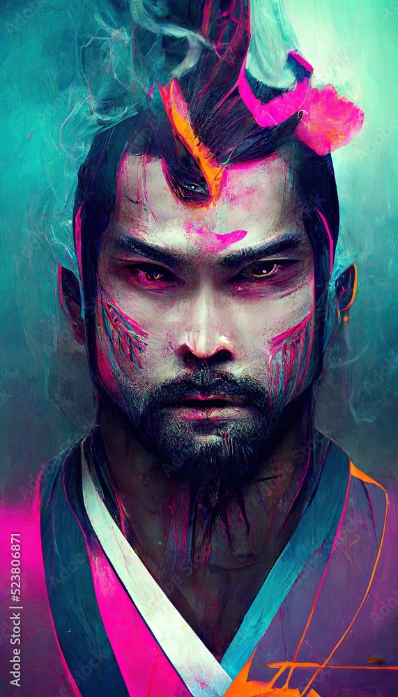 Combat ninjas are depicted in a cyberpunk neon style. The concept of ...