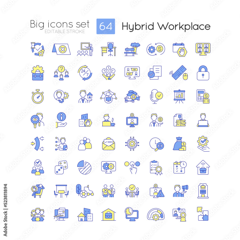 Hybrid workplace RGB color icons set. Telework and in office schedule ...